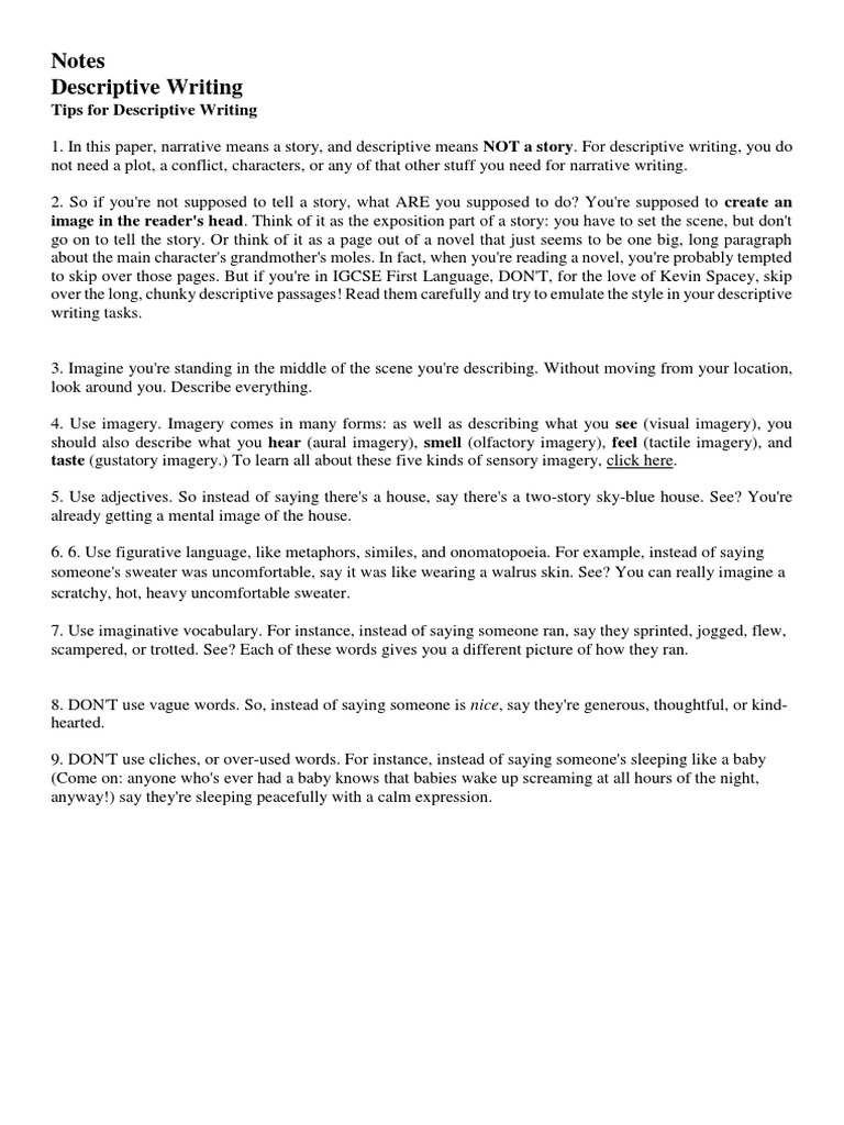 Notes On Descriptive Writing | PDF