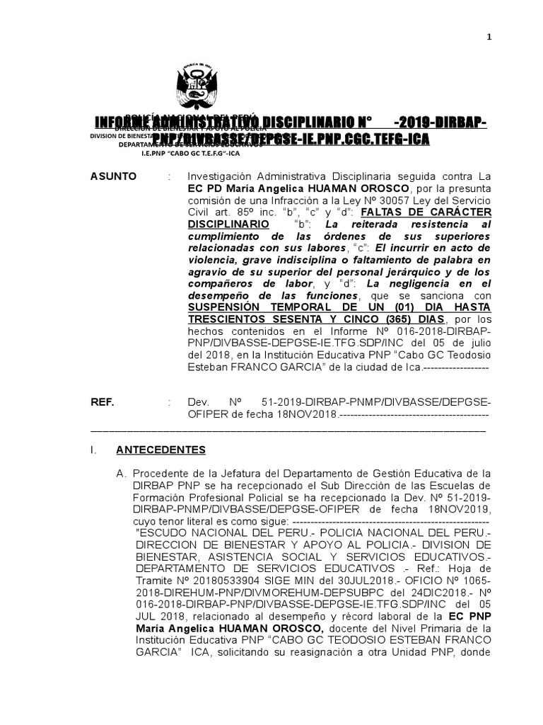 INFORME ADMINISTRATIVO DISCIPLINARIO de MARIA HUAMAN | PDF ...