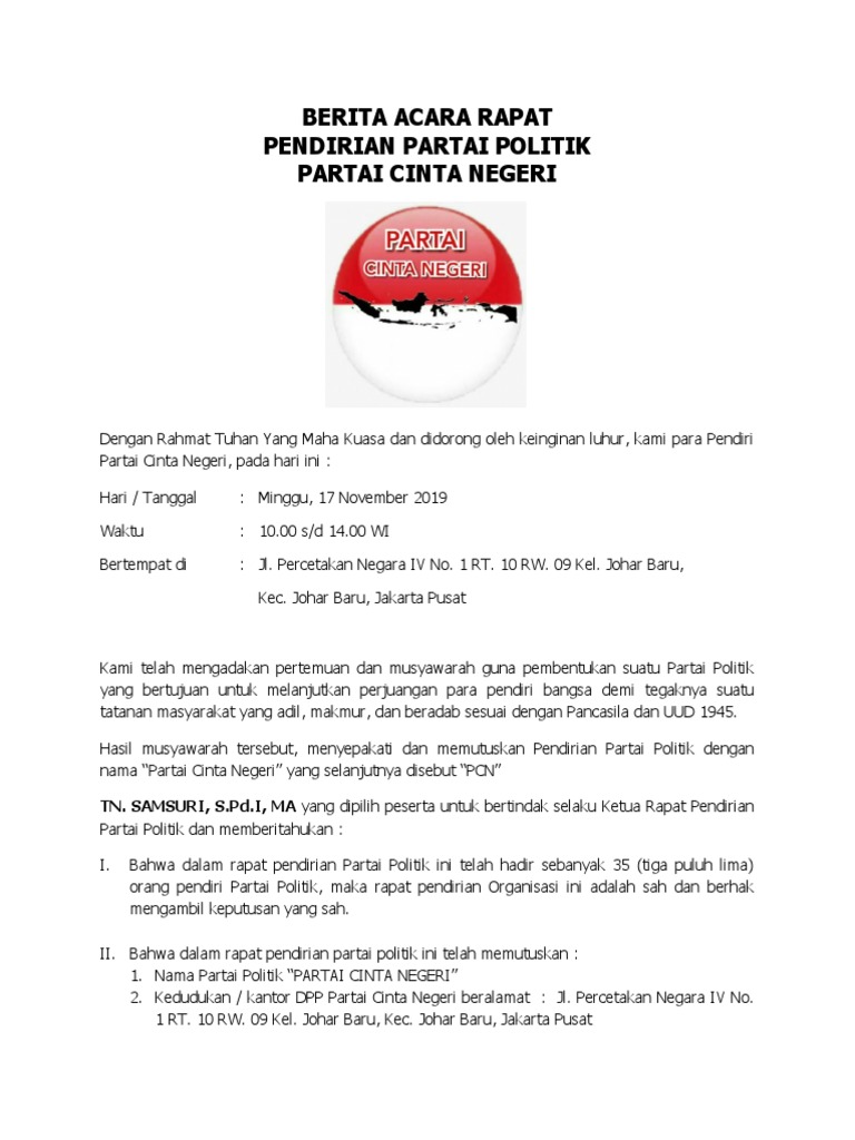 BERITA ACARA RAPAT Partai Cinta Negeri | PDF
