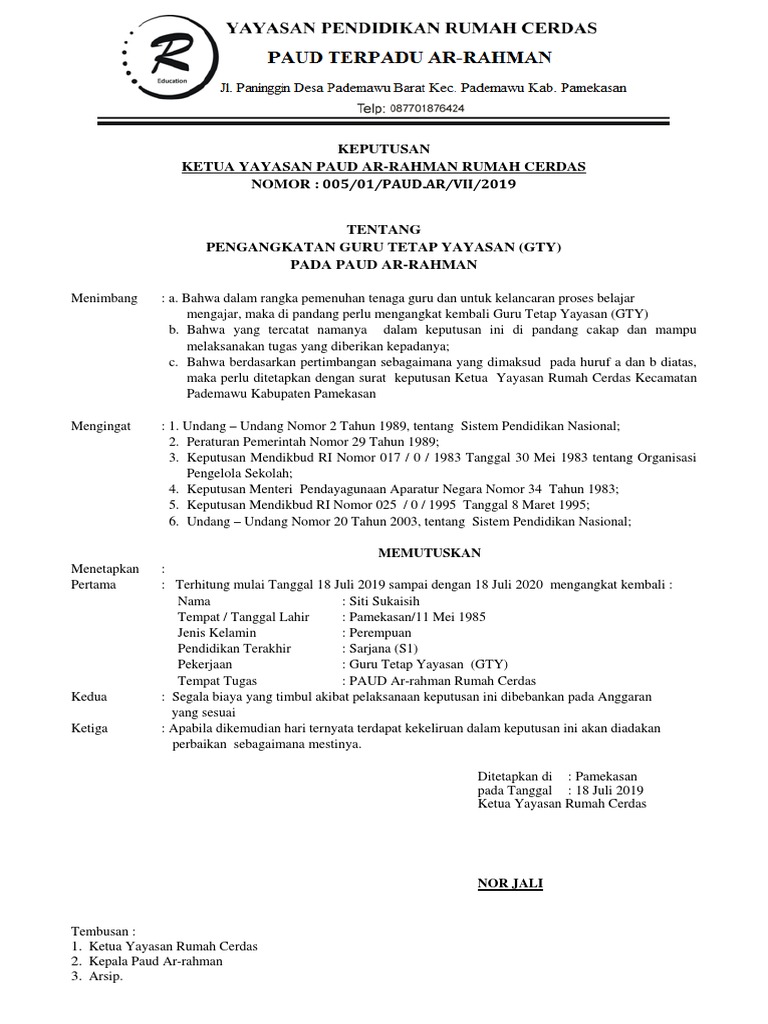 Contoh SK GTY TK Yayasan | PDF