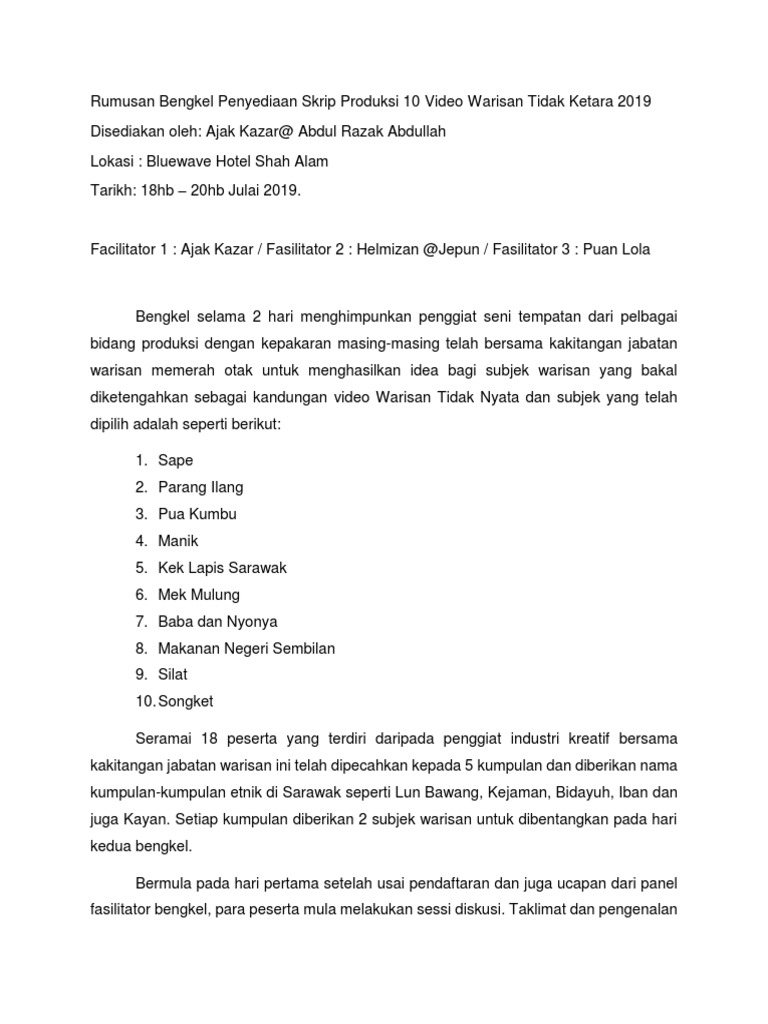Rumusan Bengkel Penyediaan Skrip Produksi 10 Video Warisan Tidak Ketara 2019 | PDF