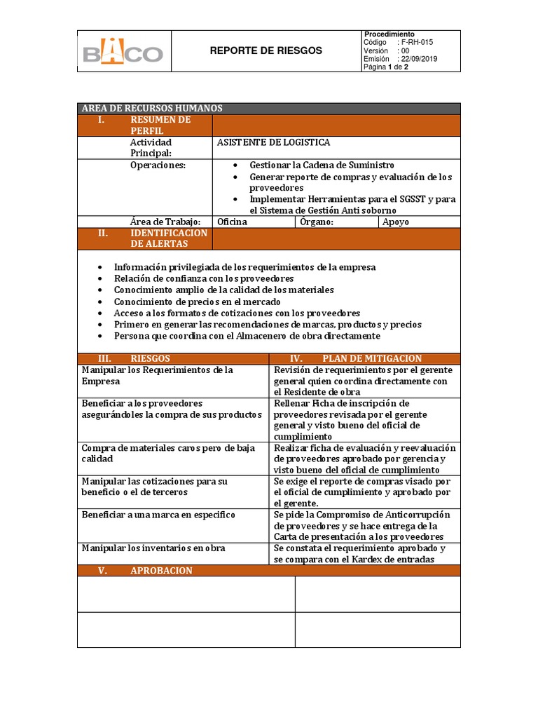 Reporte de Riesgos Area Recursos Humanos | PDF | Business | Economias