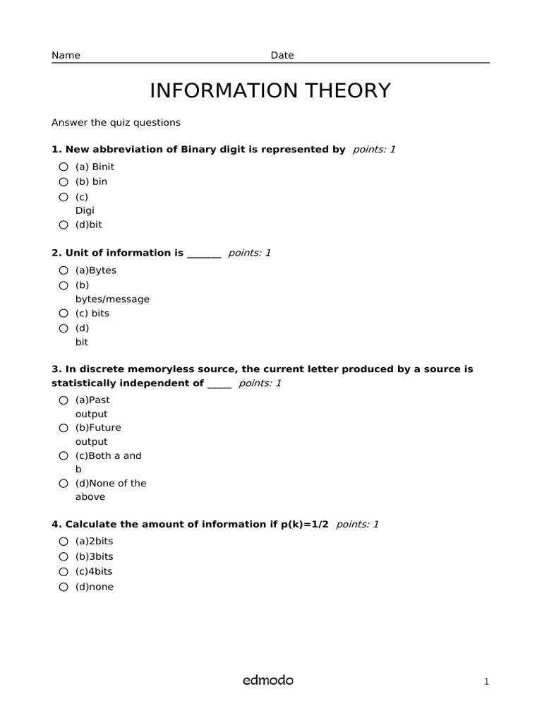 Information Theory Quiz | PDF | Bit | Telecommunications