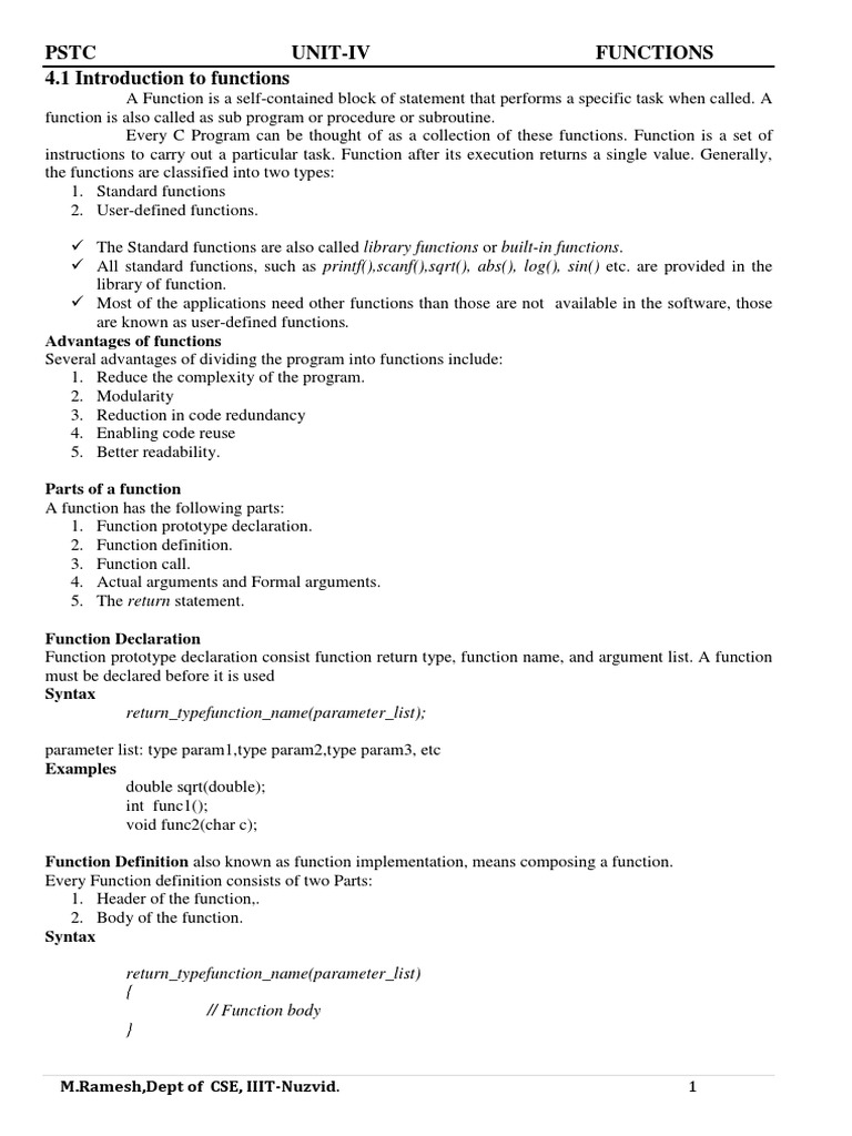PSTC UNIT-IV (Functions) PDF | PDF | Scope (Computer Science) | Subroutine