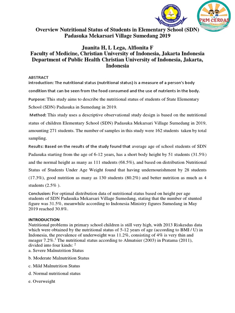 Nutritional Status of Elementary Students | PDF | Malnutrition | Nutrition