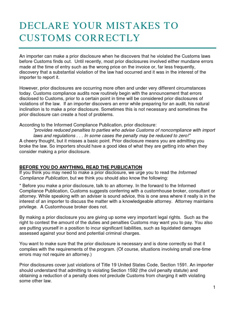 Prior Disclosure - Admission of Guilt | Customs | Discovery (Law)