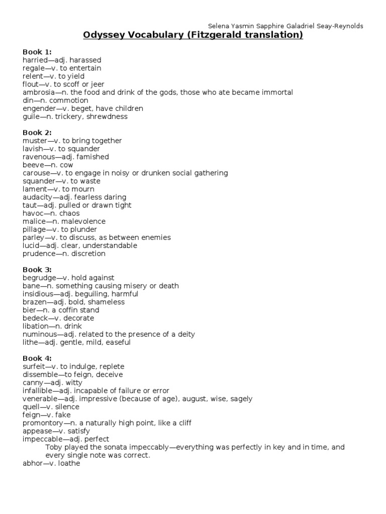 Odyssey Vocabulary (Fitzgerald Translation) | PDF | Language Arts ...