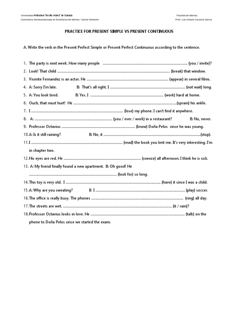 Practice For Present Perfect Simple Vs Present Perfect Continuous | PDF ...