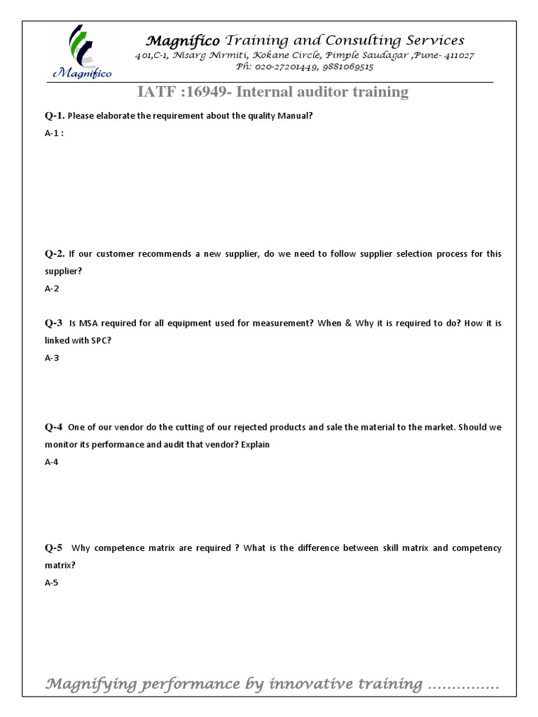 Questionnaire - Pre Internal Audit IATF 16949 Training | PDF | Computers