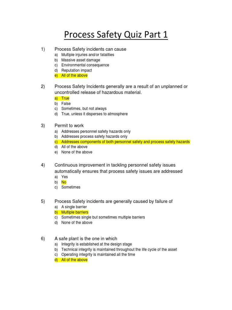 Process Safety Quiz | PDF | Corrosion | Safety