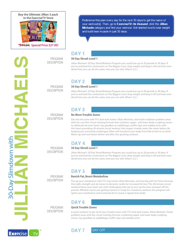 Jillian Michaels 30 Day Shred Chart
