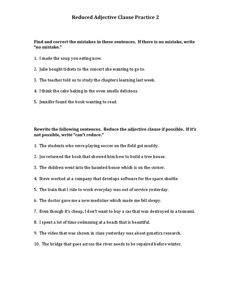 Reduced Adjective Clause Practice 2 | PDF