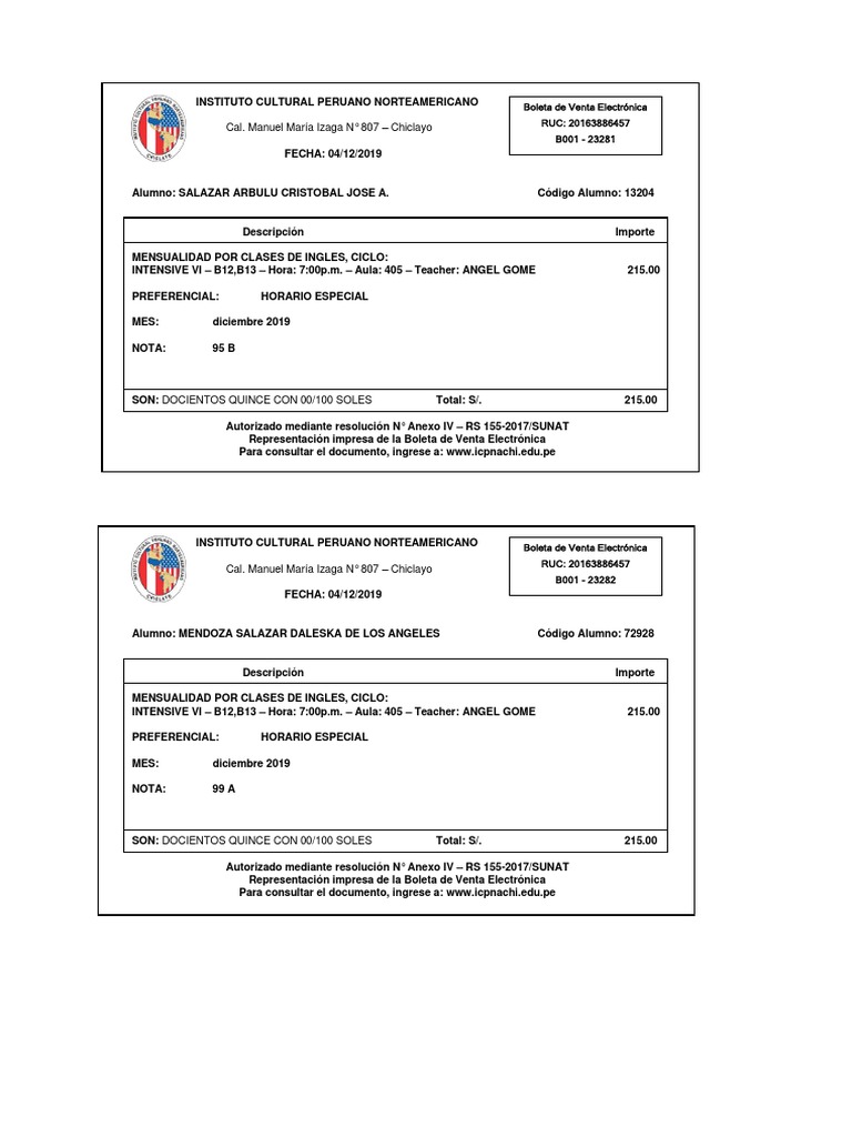 Boleta de Pago de Clases de Inglés | PDF