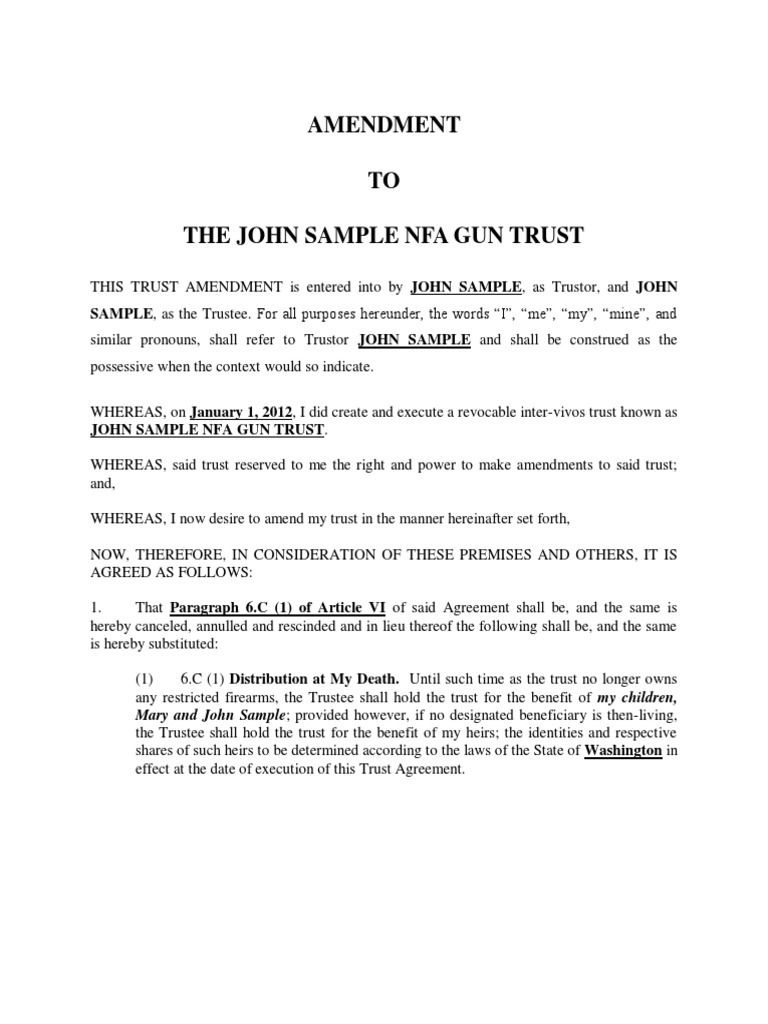 Sample-Amendment (DIY GUN TRUST) | PDF | Civil Law (Common Law) | Virtue