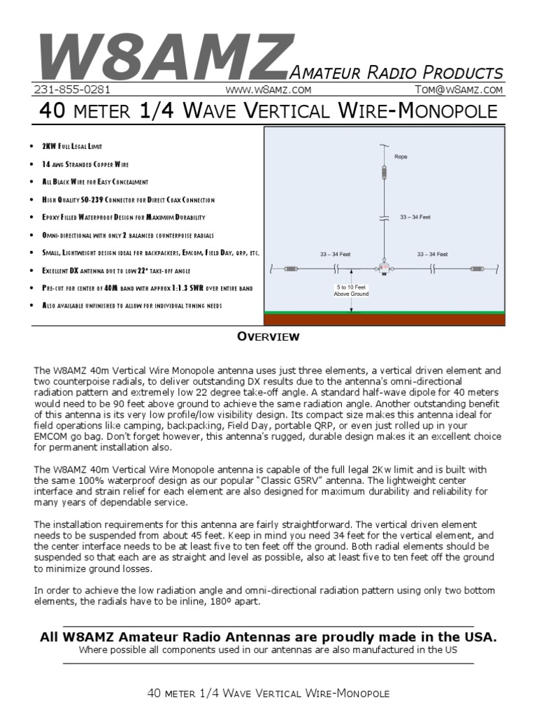 W8AMZ 40m Vertical Wire Monopole | PDF | Antenna (Radio ...