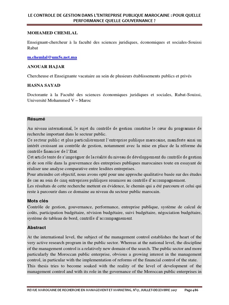10 Le Controle de Gestion Dans L'entreprise Publique Marocaine Pour Quelle PDF | PDF | Budget ...