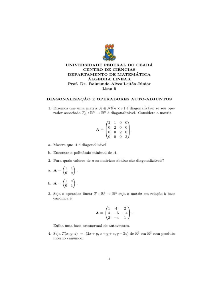 Lista Exercicios Algebra Linear 5 | PDF