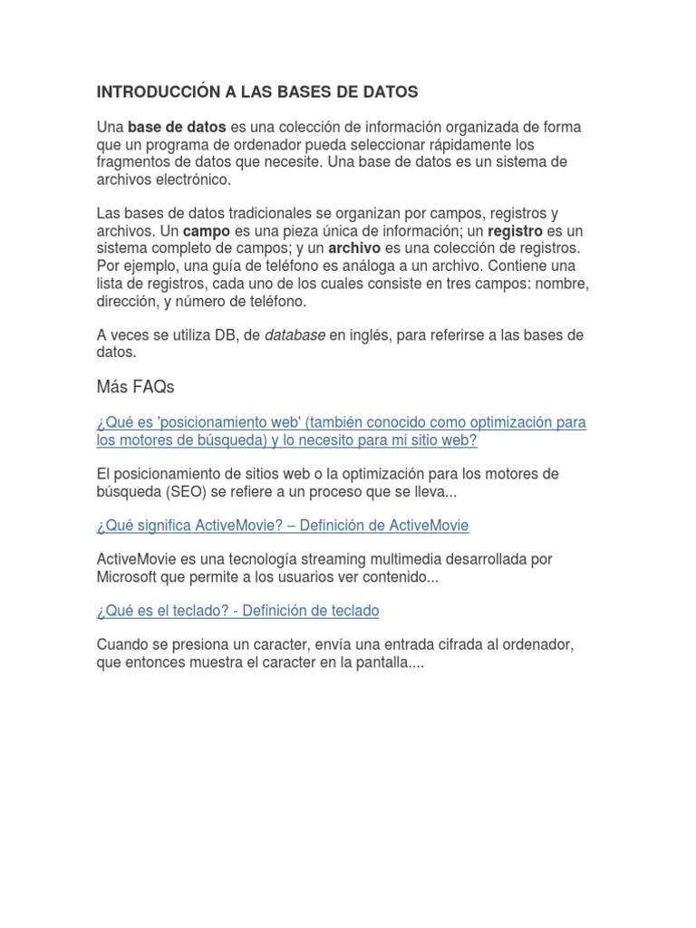 Introducción A Las Bases de Datos | PDF | Bases de datos | Áreas de ...
