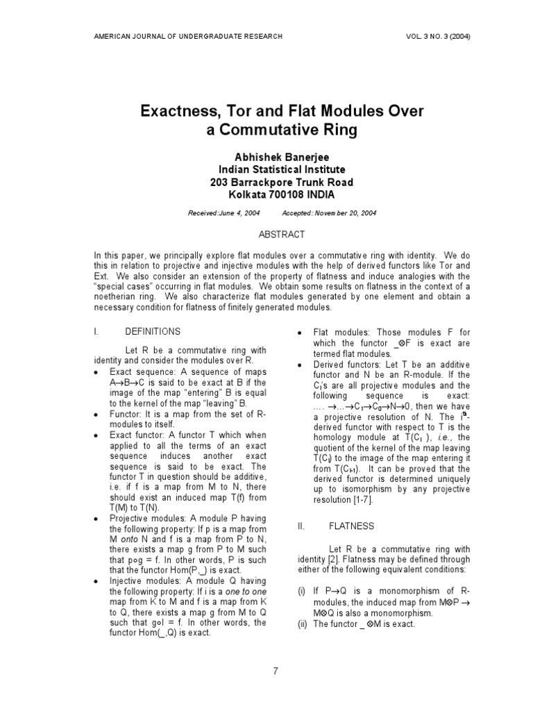 Exactness, Tor and Flat Modules Over A Commutative Ring | PDF | Module ...