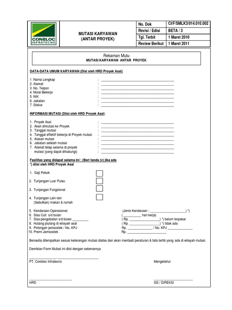 014.010-2 Form Mutasi Karyawan Antar Proyek | PDF