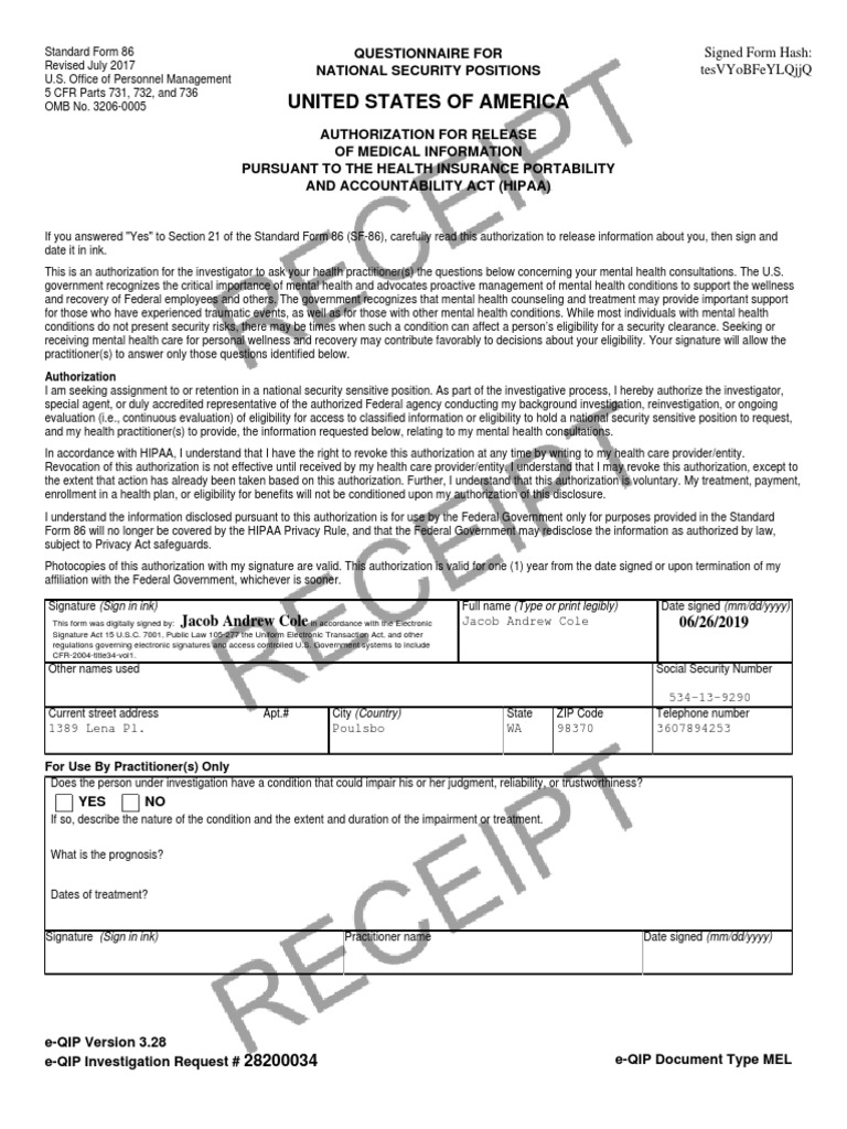 Standard Form 86 Authorization | PDF | Health Insurance Portability And ...