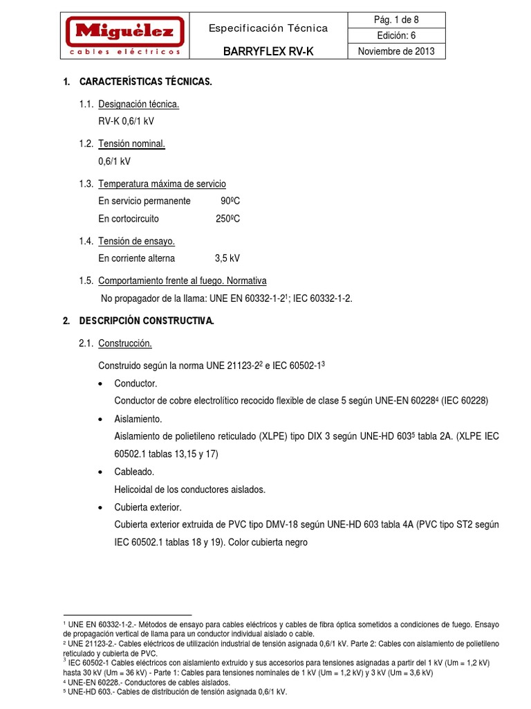 Ficha Técnica Barryflex RV-K CABLE DE 4X10MM | PDF | Materiales ...