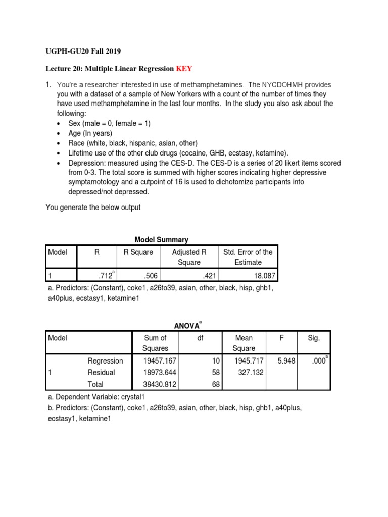 Lecture 20 - KEY - Multiple Linear Regression Worksheet | PDF | Errors ...