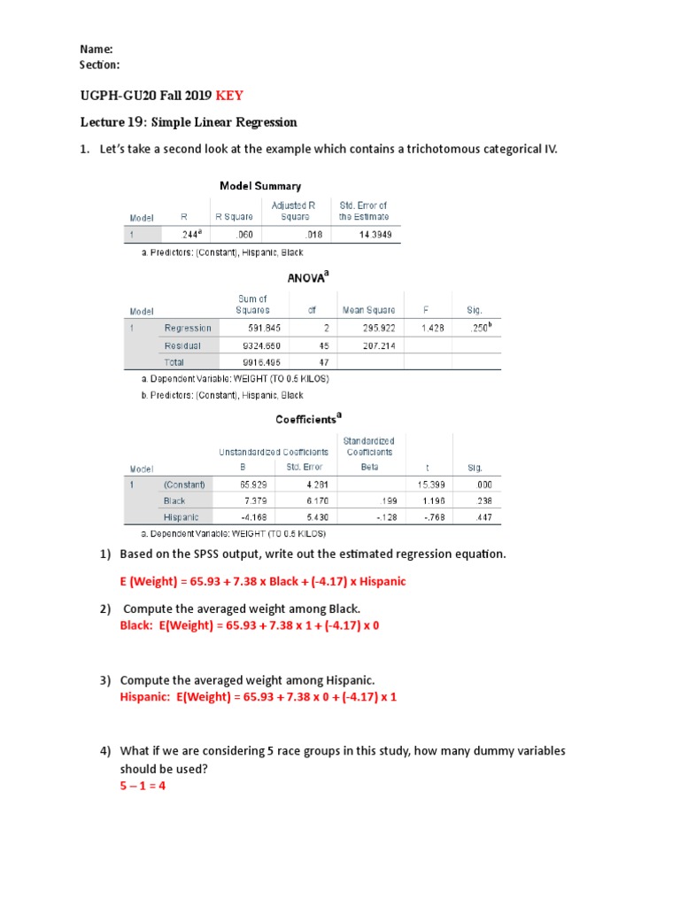 Lecture 19 KEY - Simple Linear Regression Worksheet | PDF | Regression Analysis | Errors And ...
