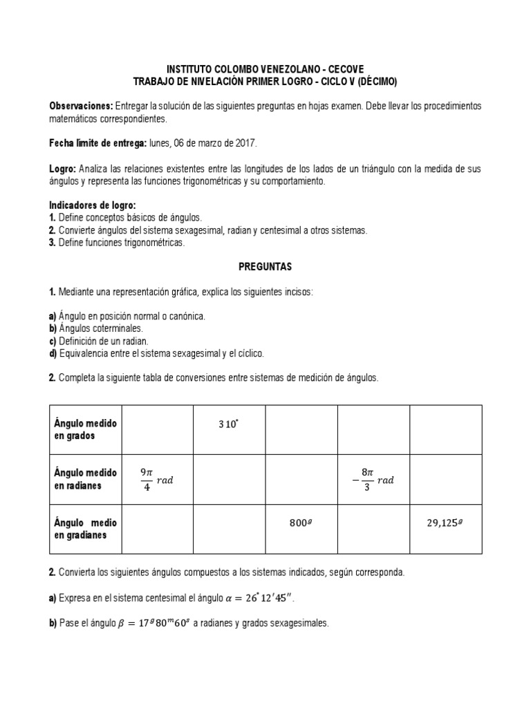 Trabajo de Nivelación (Logro #1) - Ciclo V. Décimo. | PDF | Funciones trigonométricas | Triángulo