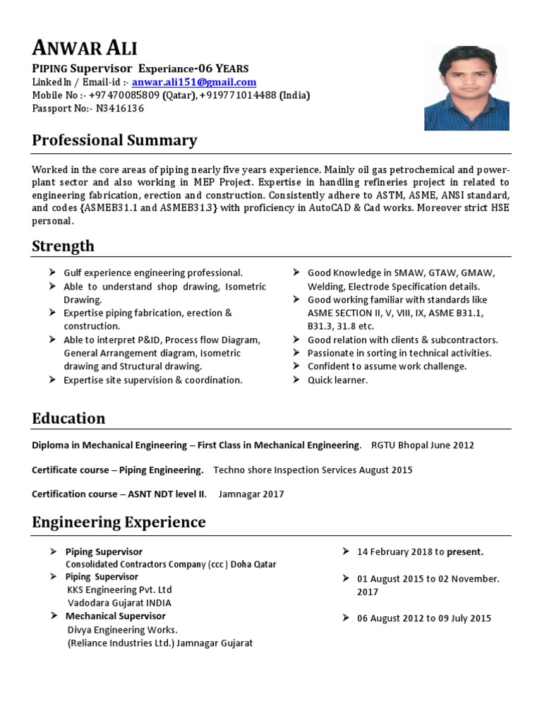 Mechanical Supervisor Resume | PDF | Plumbing | Pipe (Fluid Conveyance)