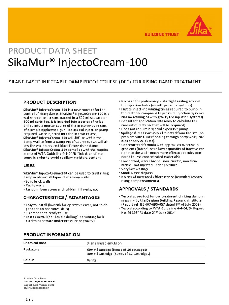 SikaMur InjectoCream 100 PDS PDF | PDF | Masonry | Brick