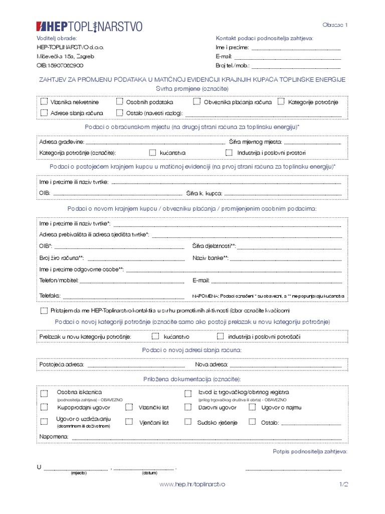 Obrazac Zahtjeva Za Promjenu Podataka o K Kupcu | PDF