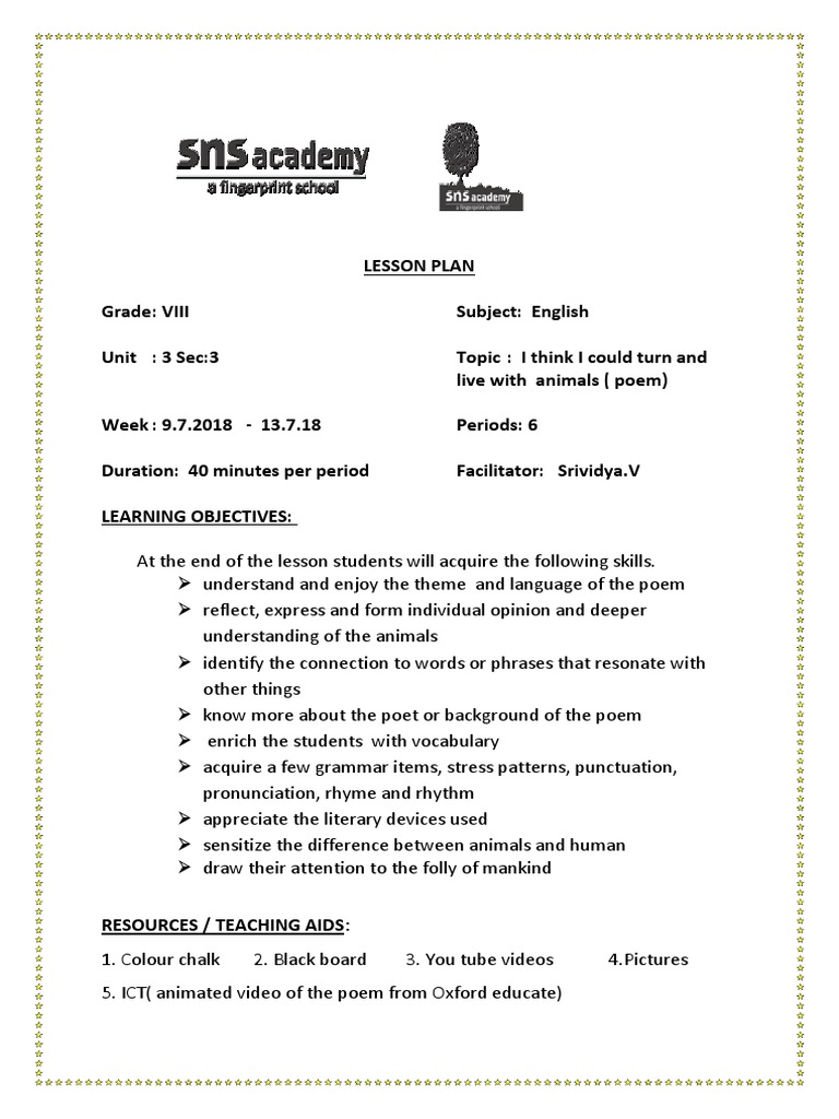 Lesson Plan Grade 8 I Think I Could Turn and Live With Animals SNS ACD ...