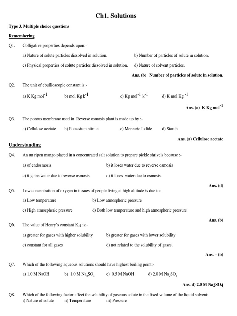 Ch1 Solutions Multiple Choice Questions | PDF | Solution | Osmosis