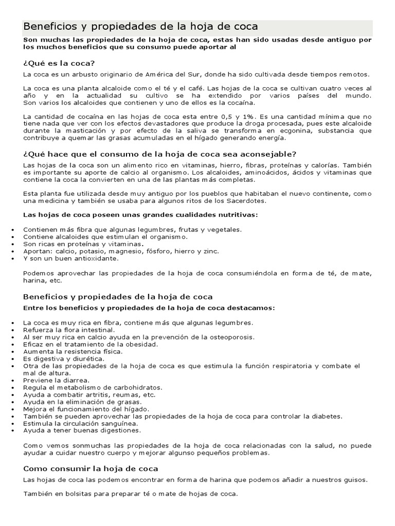 Beneficios y Propiedades de La Hoja de Coca | PDF | Cocaína | Fibra ...