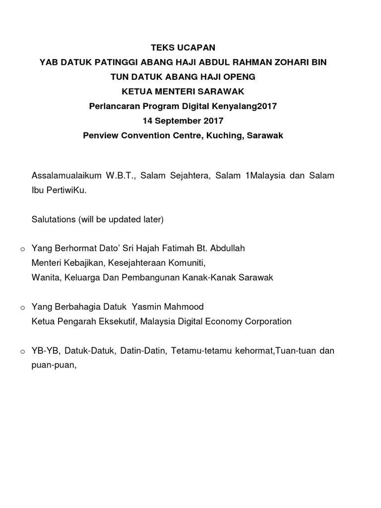 Ucapan Perasmian Yb Ketuan Menteri Sempena Majlis Perasmian Program ...