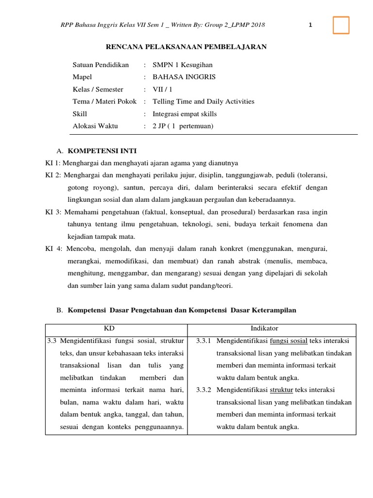 RPP Telling Time - KD 3.3 | PDF | Seni & Disiplin Bahasa | Kajian ...