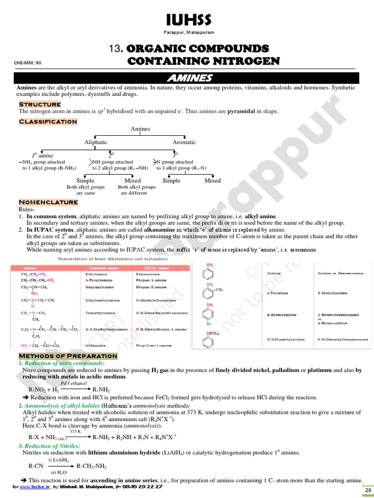 Hsslive XII Chemistry Amines Note | PDF | Amine | Hydrogen Compounds