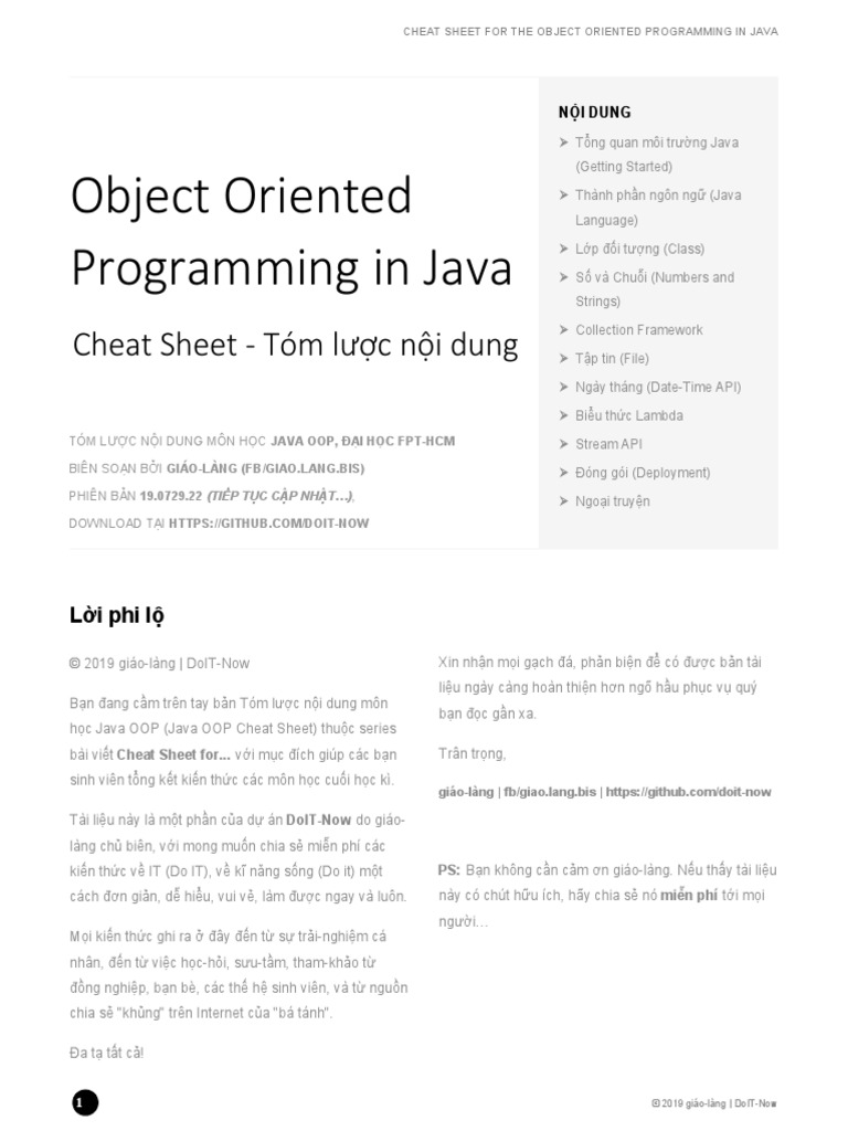 Giao Lang Java OOP Cheat Sheet - 19.0729.22 | PDF