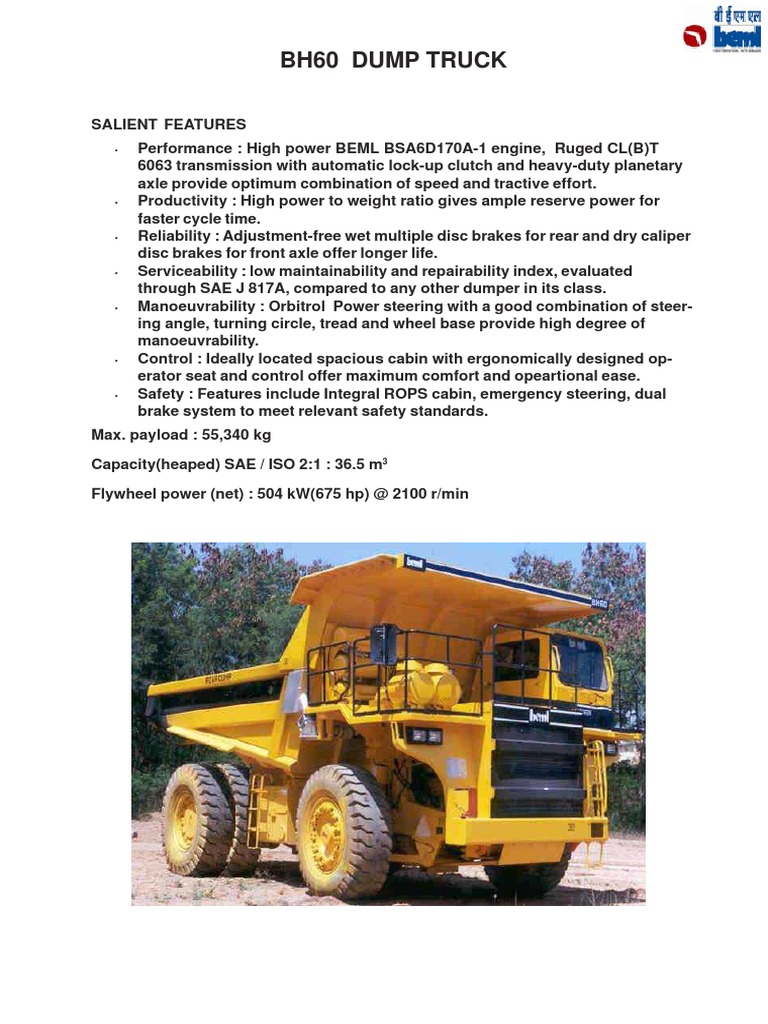 Beml BH60 Dumper PDF | PDF | Truck | Horsepower