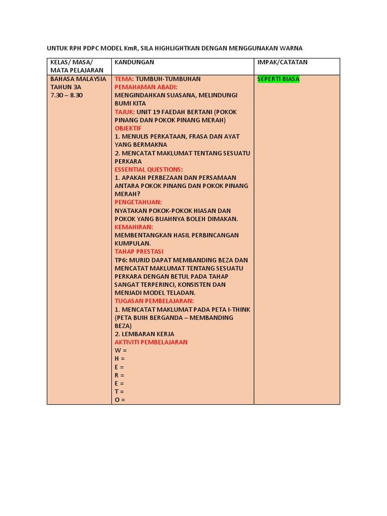 Contoh RPH PDPC Model KMR | PDF