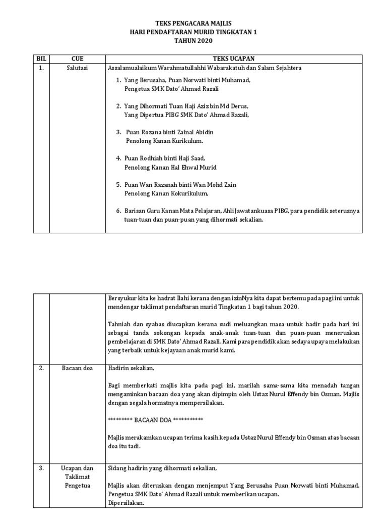 Teks Emcee Hari Pendaftaran Tingkatan 1 | PDF