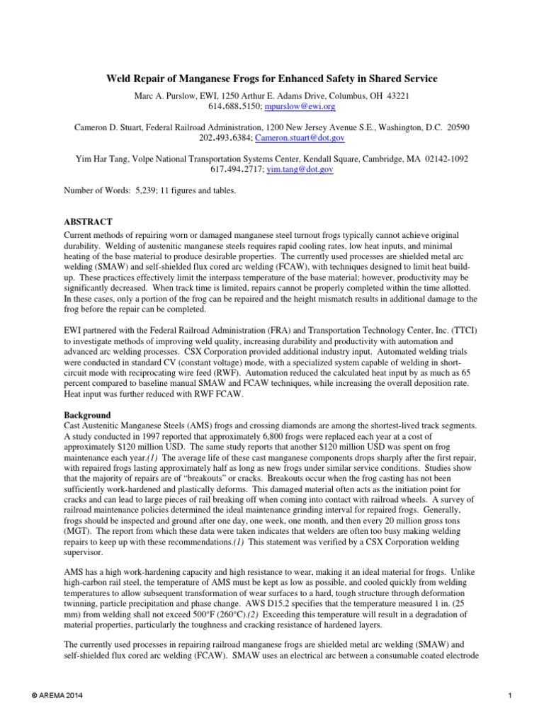 Weld Repair of Manganese Frogs For Enhanced Safety Shared Service PDF ...