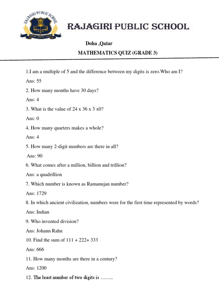 Mathematics Quiz Grade 3 2019 | PDF | Numbers | Geometry