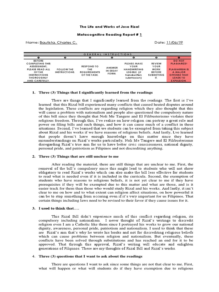 MRR1 Rizal | PDF | Reason | Psychological Concepts