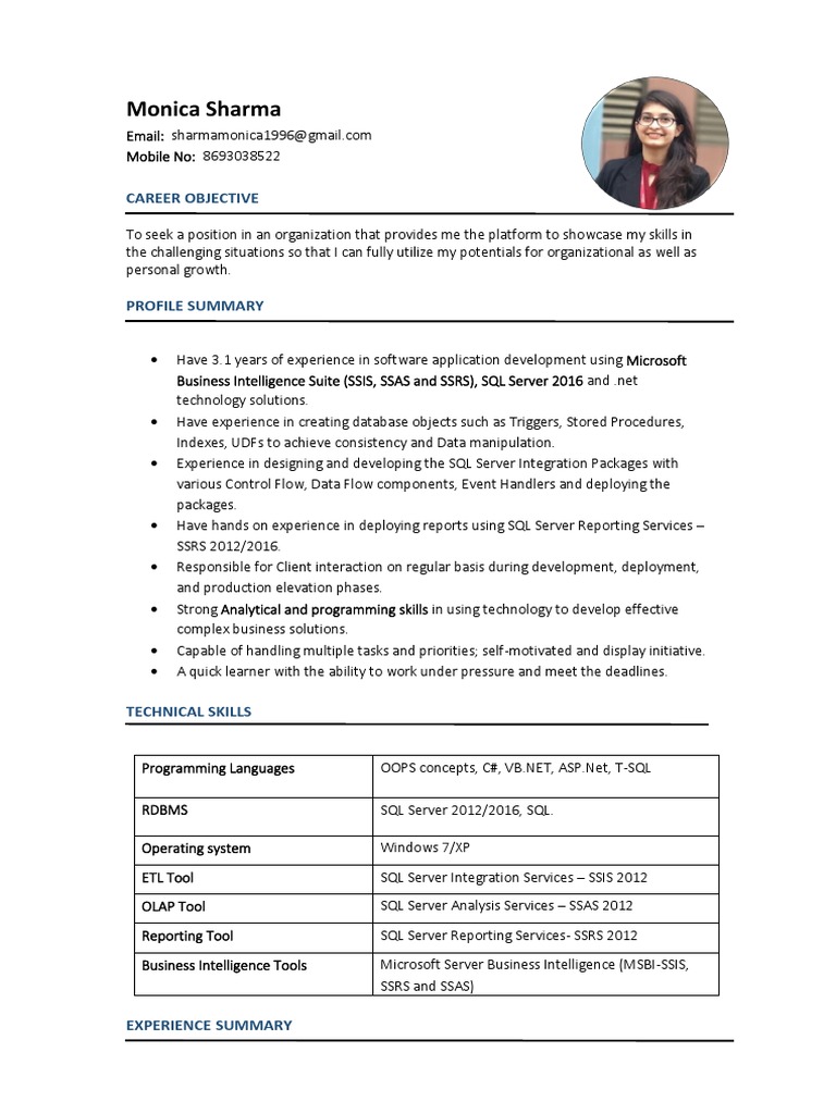 Monica Sharma - MSBI - Resume | PDF | Microsoft Sql Server | Data ...
