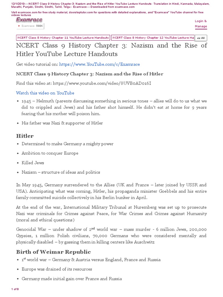 NCERT Class 9 History Chapter 3 YouTube Lecture Handouts PDF | PDF ...