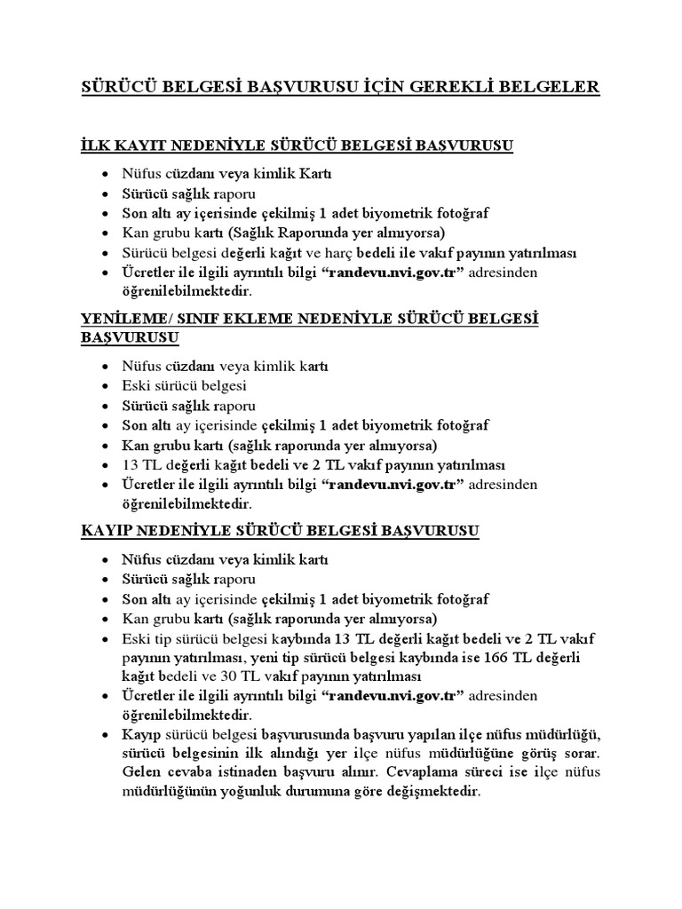 Surucu Belgesi Gerekli Belgeler | PDF