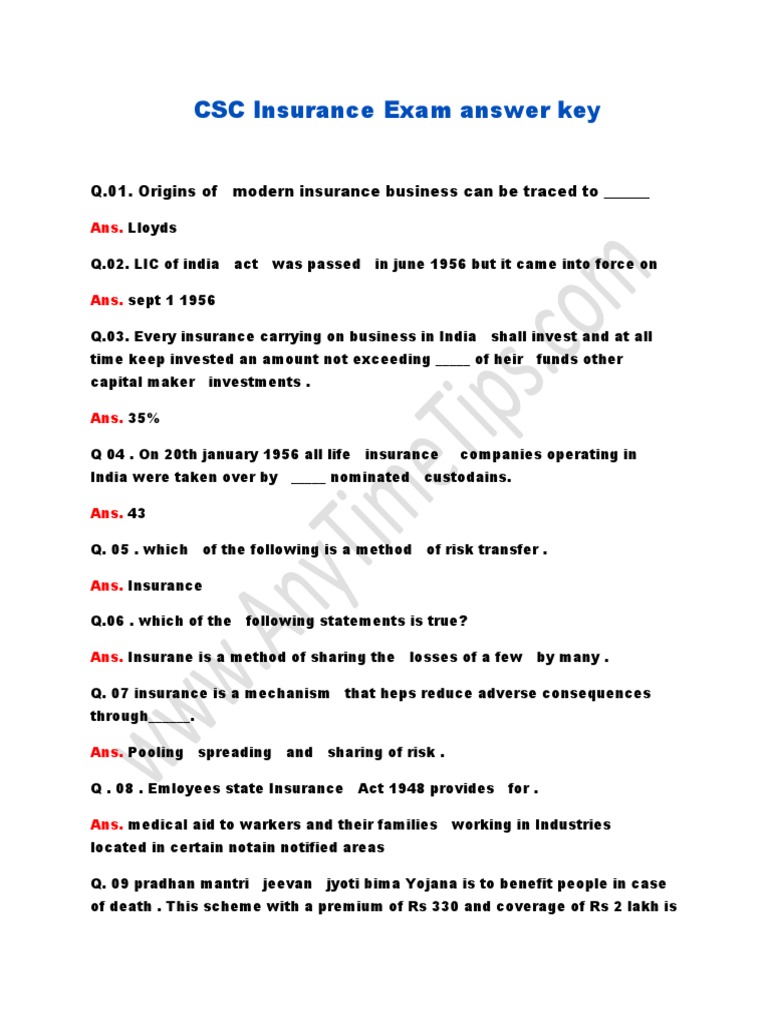 CSC Insurance Exam Answer Key by Anytimetips | PDF | Insurance | Risk