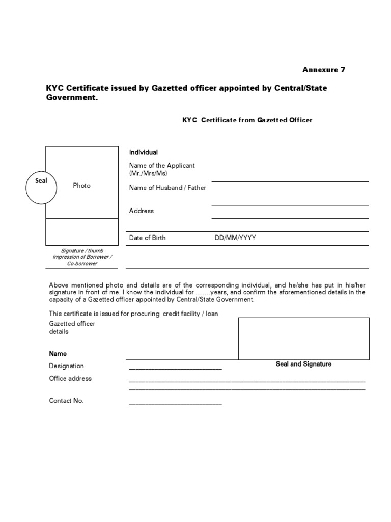 KYC Certificate by Gazetted Officer | PDF | Finance & Money Management ...
